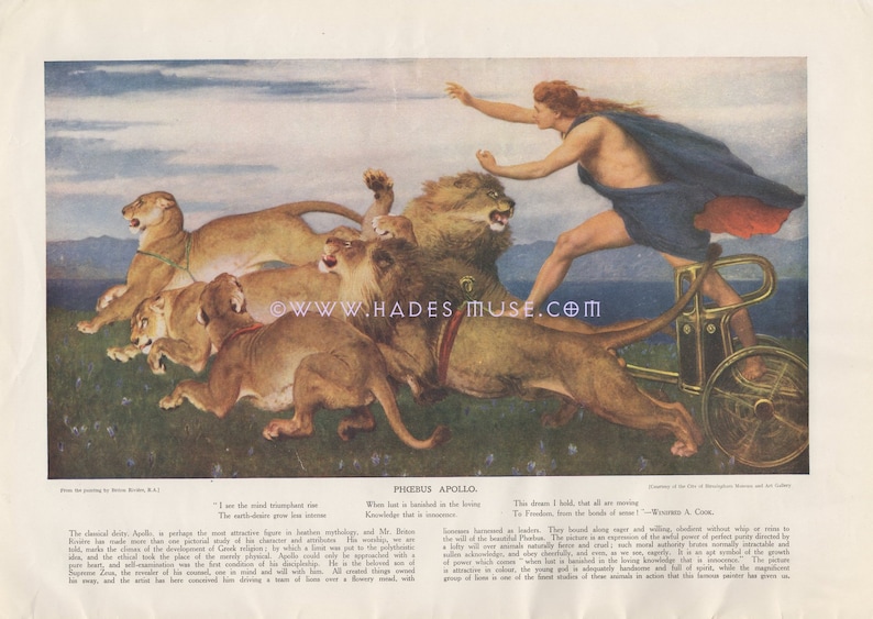 Apollo Riding His Lion Chariot-1920 Old Antique Vintage Art Print ...
