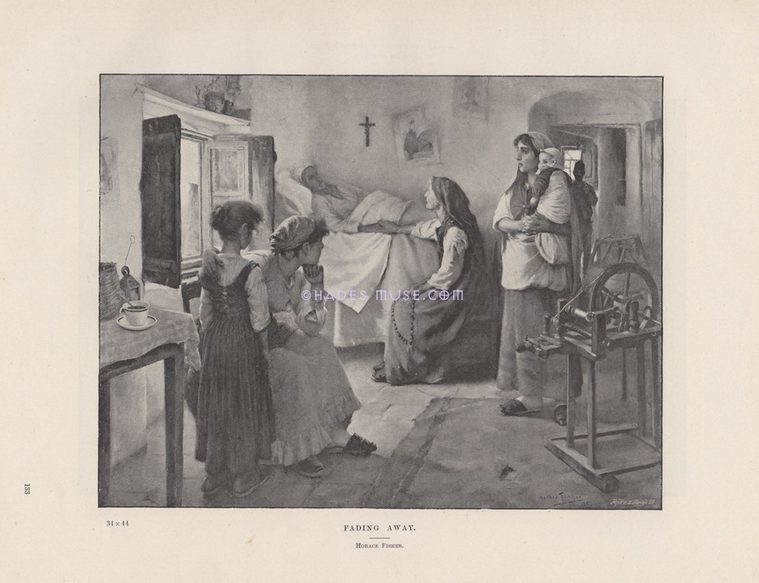 1895 Fading Away-dying Man-death Bed-last Rites-loving Family Prays ...