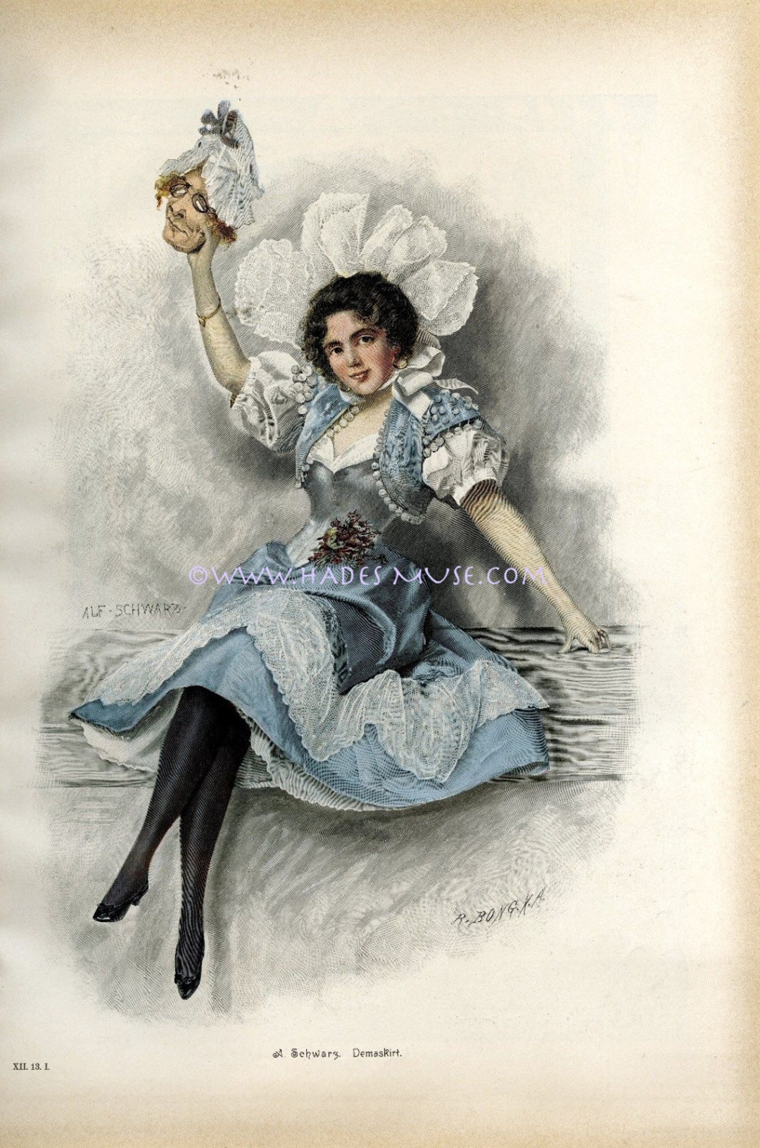 Unmasked-masquerade Party-lovely Lady-1900 Antique Vintage Color Art ...