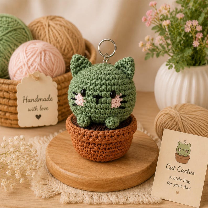 Crochet Cat Cactus Keychain Pattern, Amigurumi Plant PDF, Cute Kawaii ...
