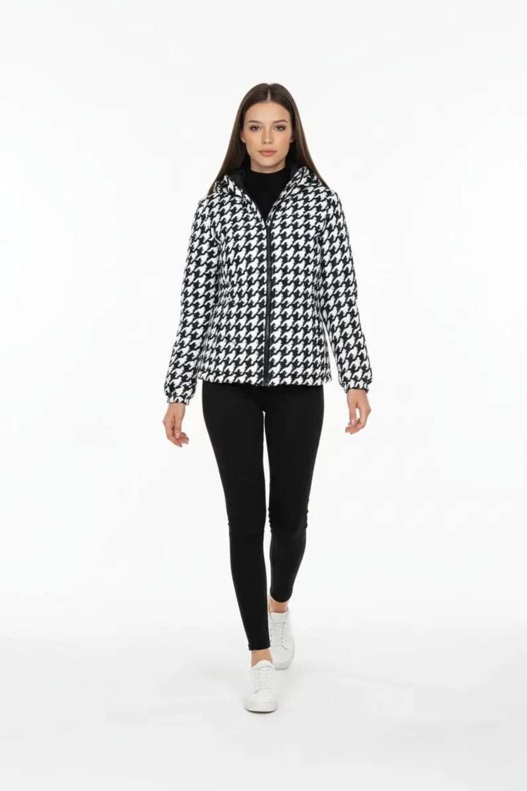 Pixelated Pattern Padded Jacket Graphic Black White Houndstooth Jacket ...
