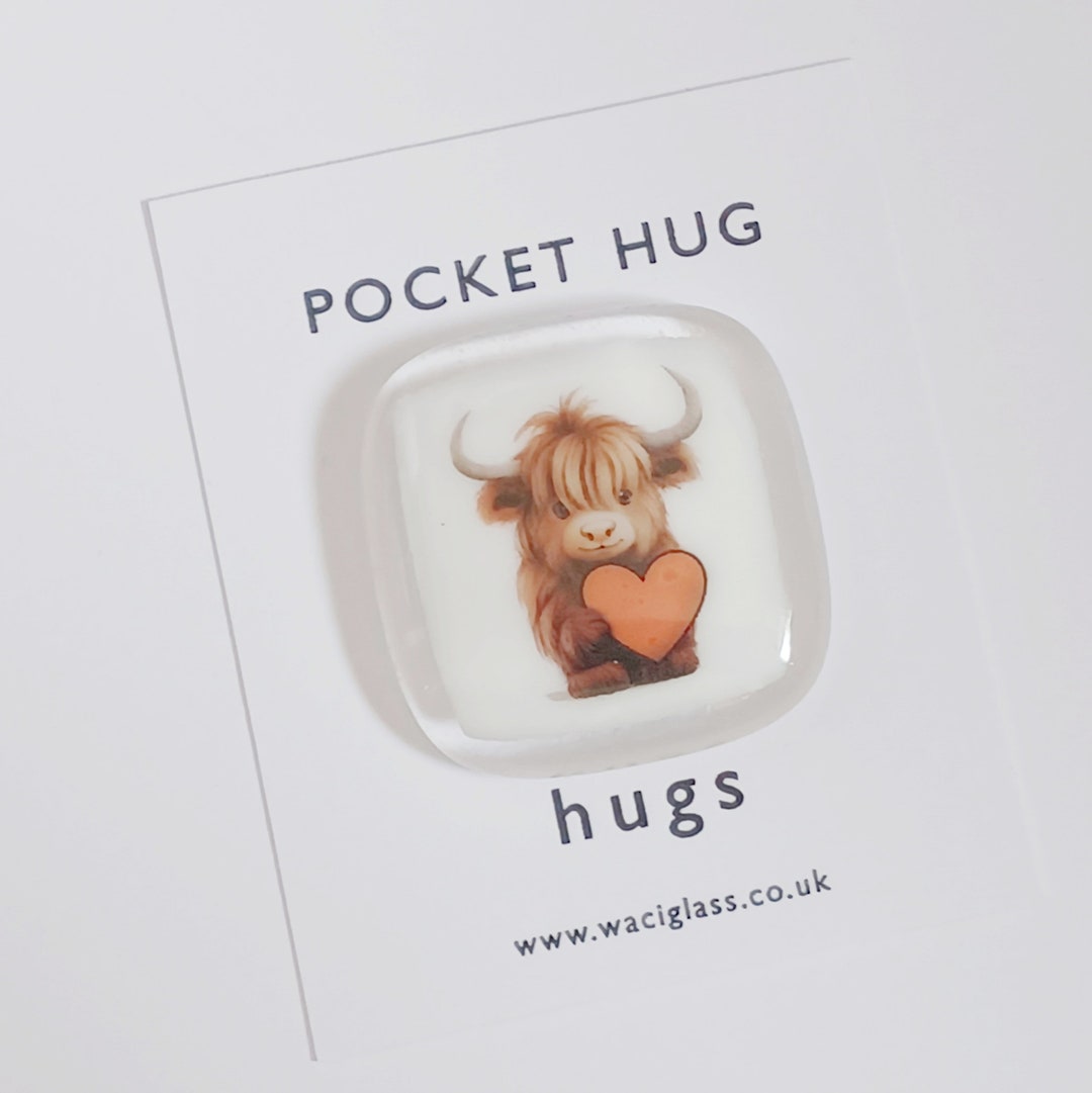 Pocket Hug Fused Glass, Highland Cow Pocket Hug, Love You, Thinking of ...