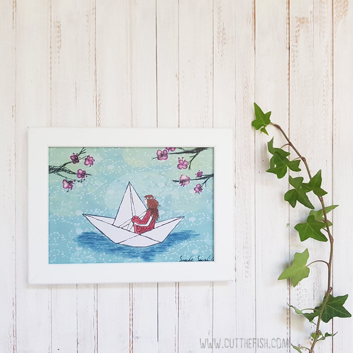 Girl on Paper Boat Print 5 Different Sizes Origami Print Children Wall ...