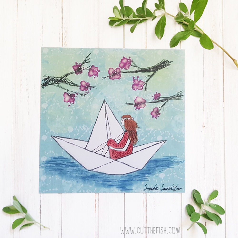 Girl on Paper Boat Print (5 Different Sizes) - Origami Print - Children ...