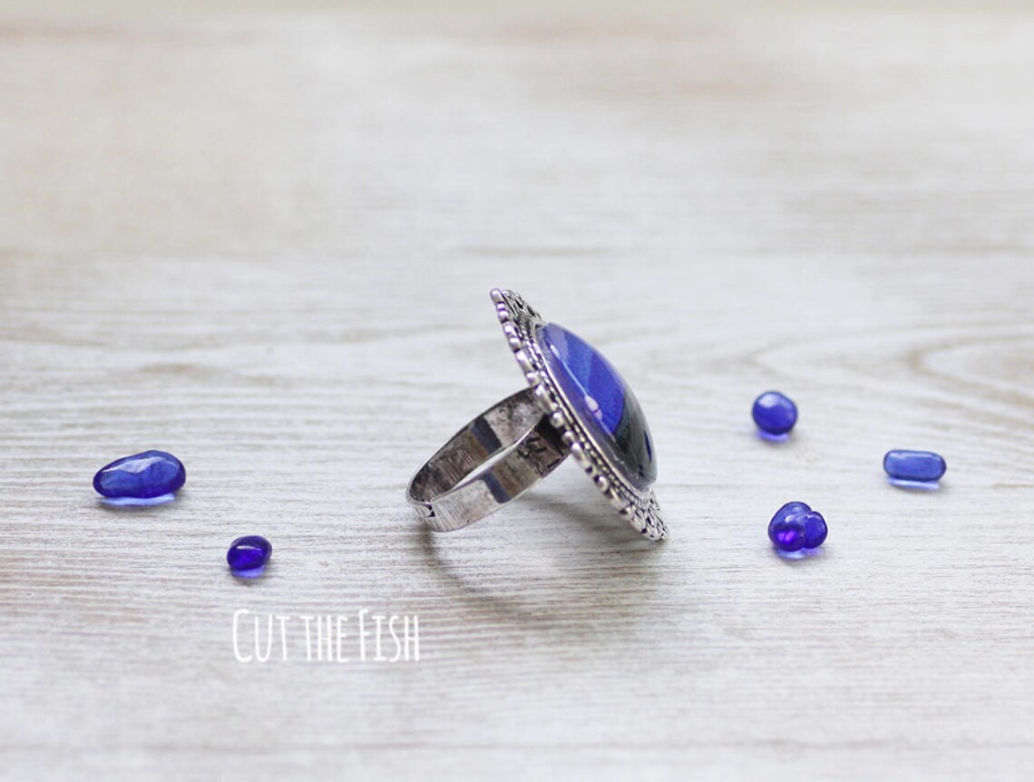 Full Moon Blue Ring in Silver Tone Vintage Style Adjustable - Etsy