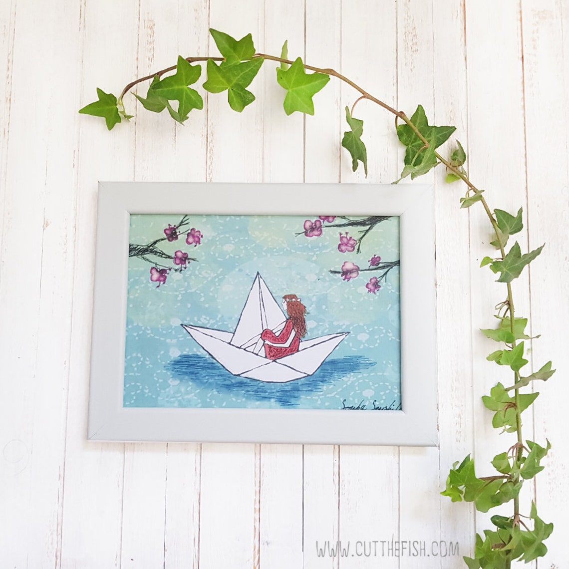 Girl on Paper Boat Print 5 Different Sizes Origami Print Children Wall ...