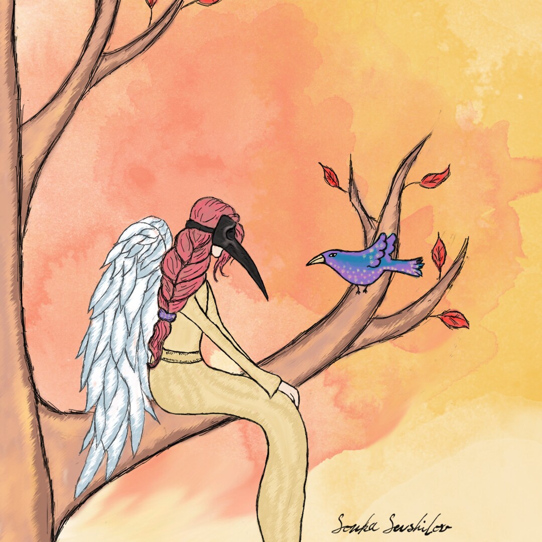 Girl With Wings and Bird Mask Art Print (3 Different Sizes) - Fairy ...