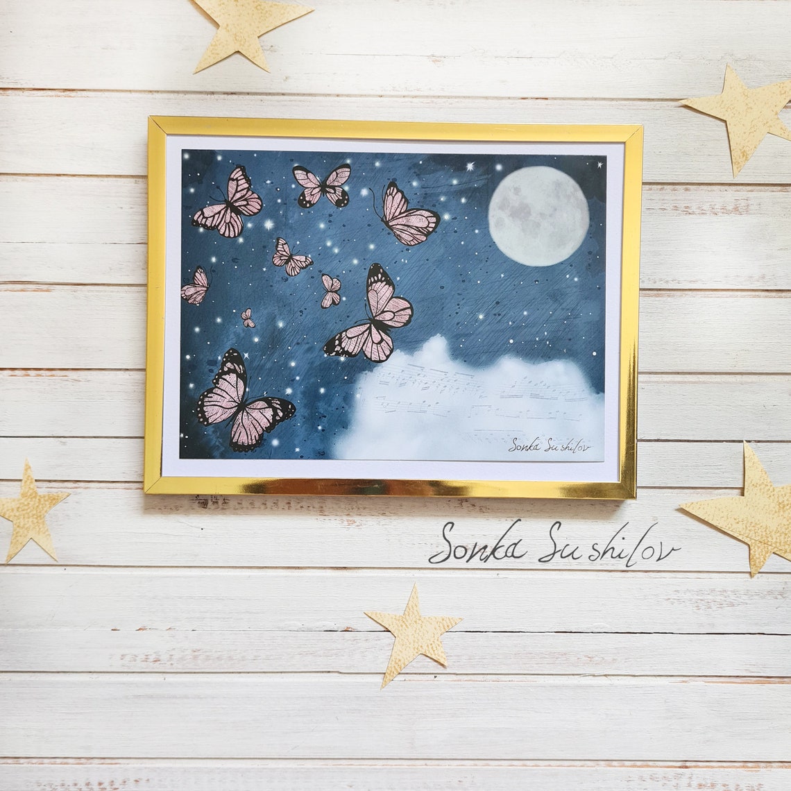Singing Butterflies in the Night Sky Art Print (4 Different Sizes ...