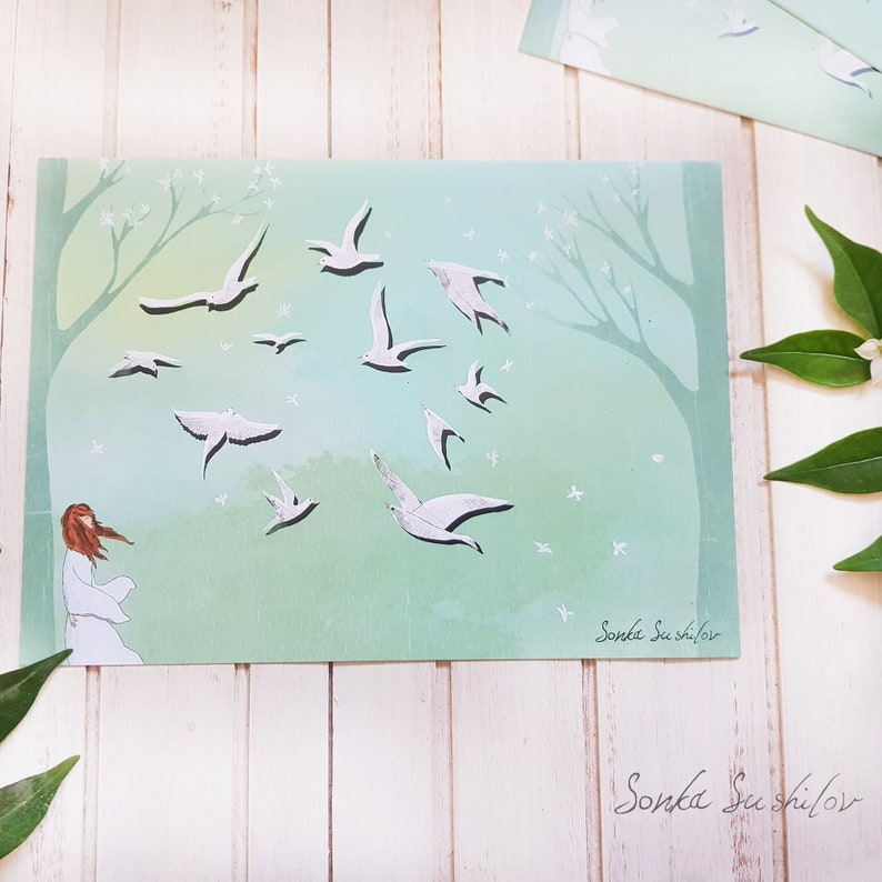 Girl With White Birds Art Print 4 Different Sizes White Birds Greeting ...