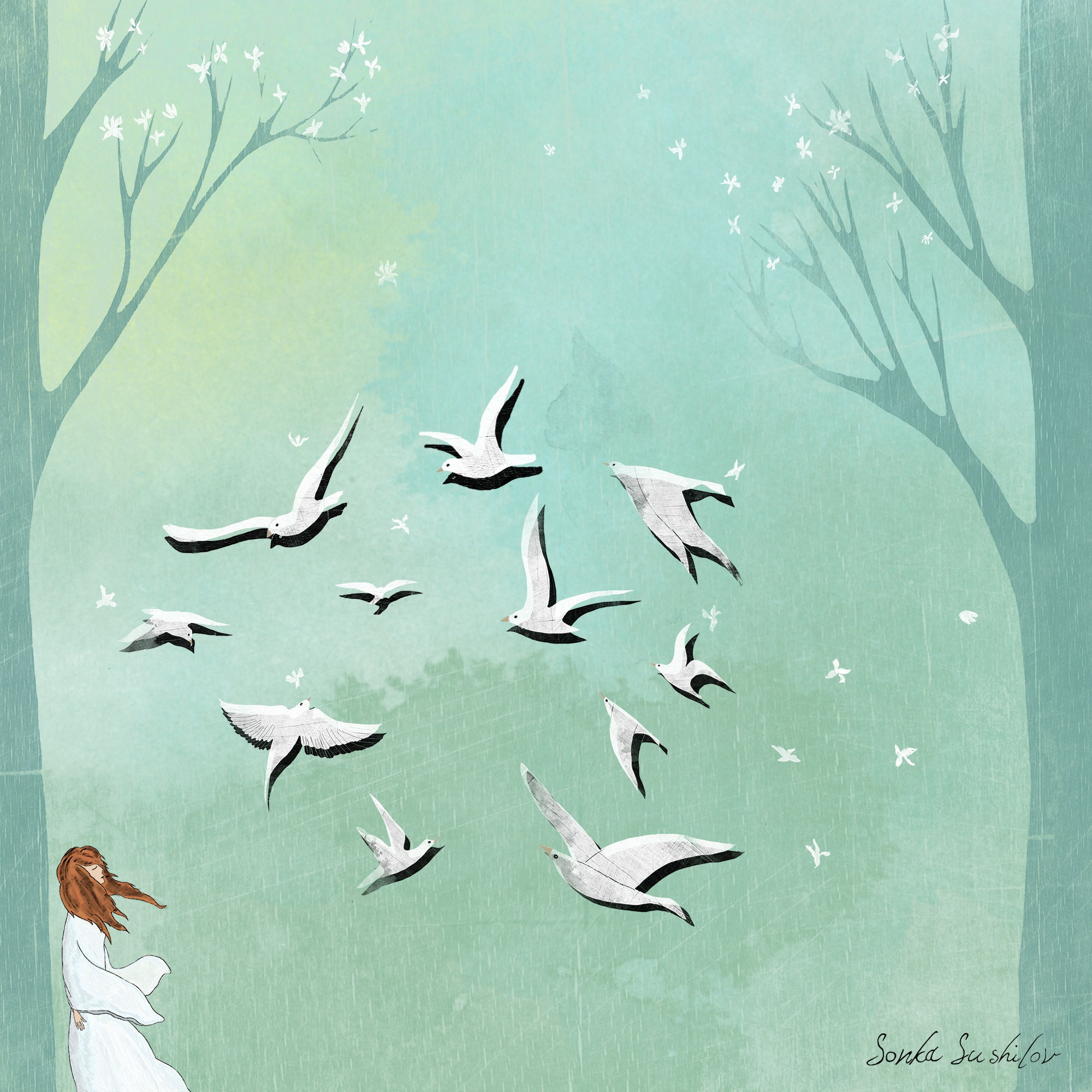 Girl With White Birds Art Print 4 Different Sizes White Birds Greeting ...