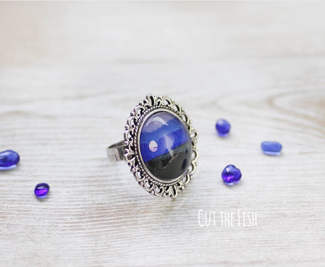 Full Moon Blue Ring in Silver Tone Vintage Style - Adjustable Ring - Etsy
