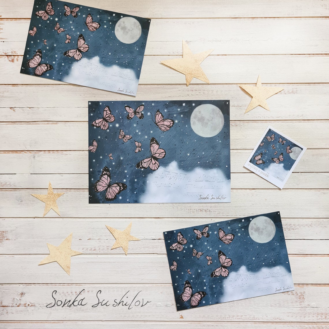 Singing Butterflies in the Night Sky Art Print (4 Different Sizes ...