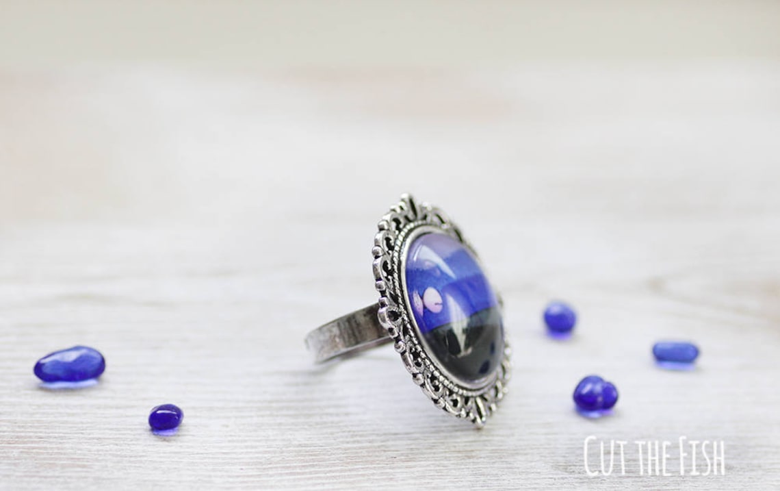 Full Moon Blue Ring in Silver Tone Vintage Style Adjustable Ring - Etsy
