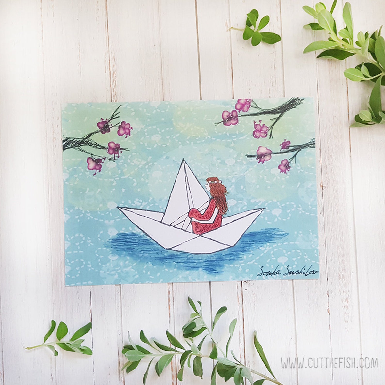 Girl on Paper Boat Print (5 Different Sizes) - Origami Print - Children ...