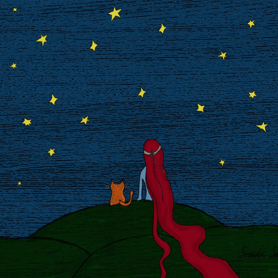 Girl, Cat and Starfall Art Print (3 Different Sizes) - Cat Greeting ...