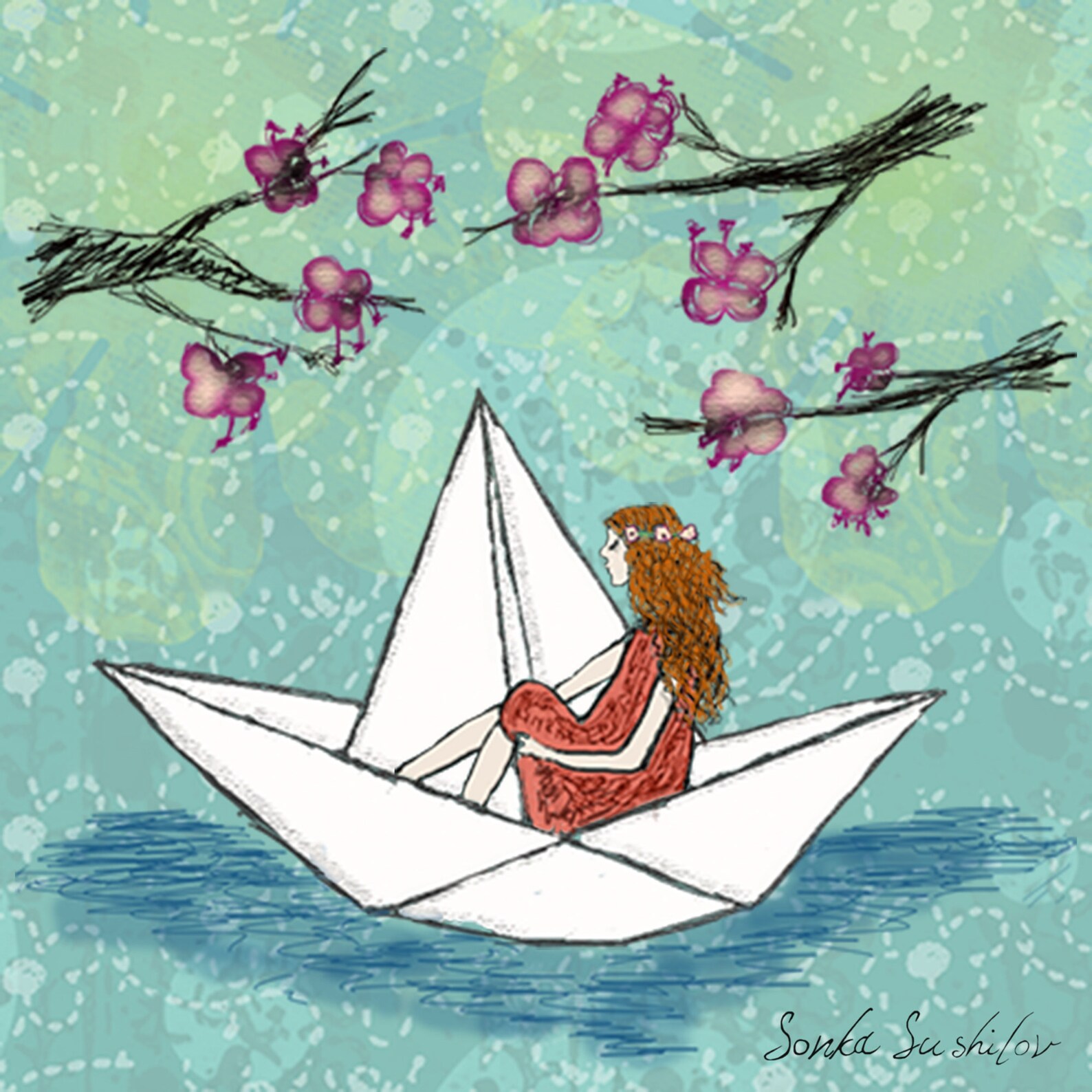 Girl on Paper Boat Print (5 Different Sizes) - Origami Print - Children ...