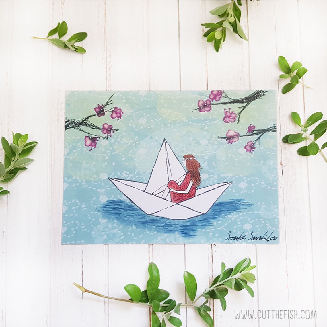 Girl on Paper Boat Print 5 Different Sizes Origami Print Children Wall ...