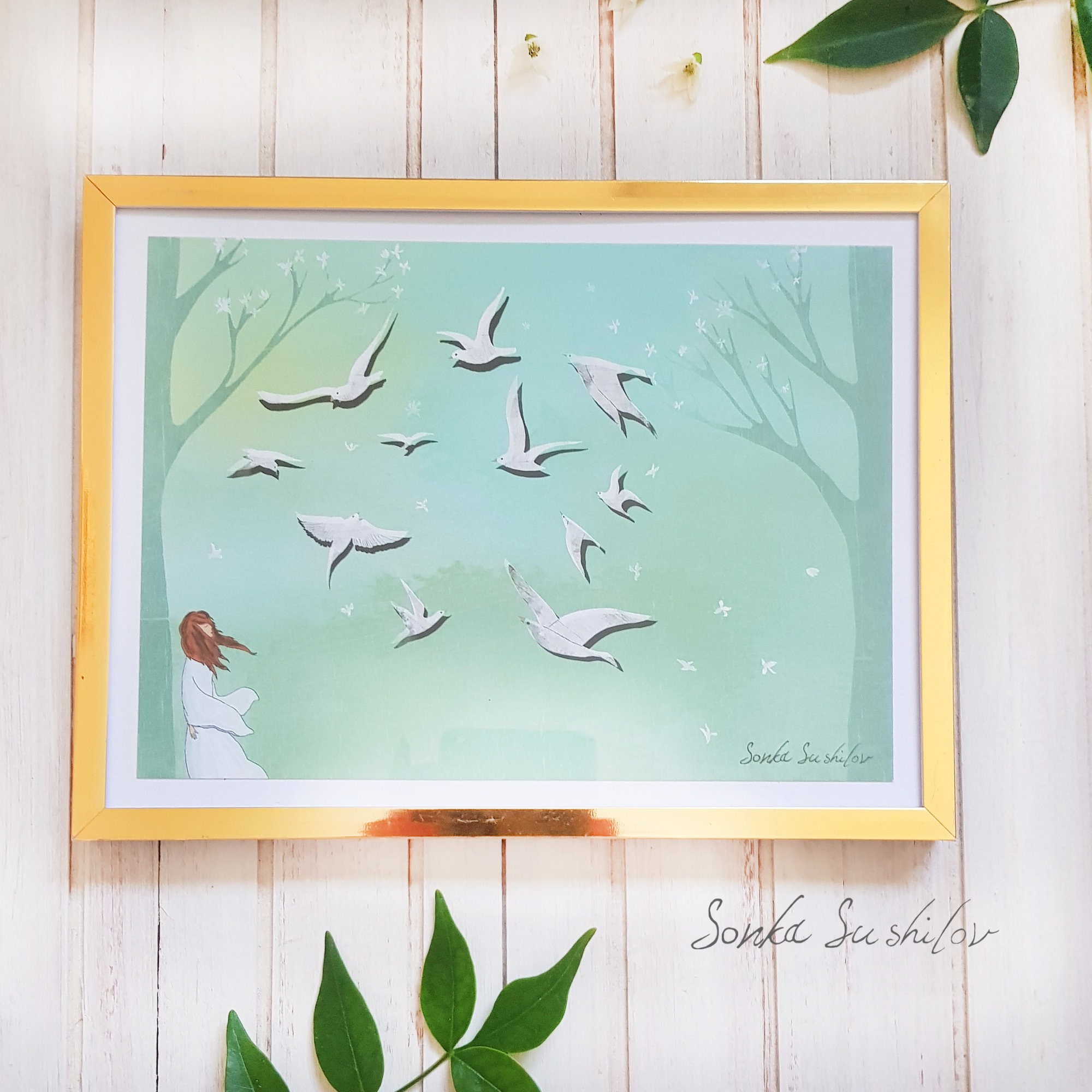 Girl With White Birds Art Print 4 Different Sizes White Birds Greeting ...