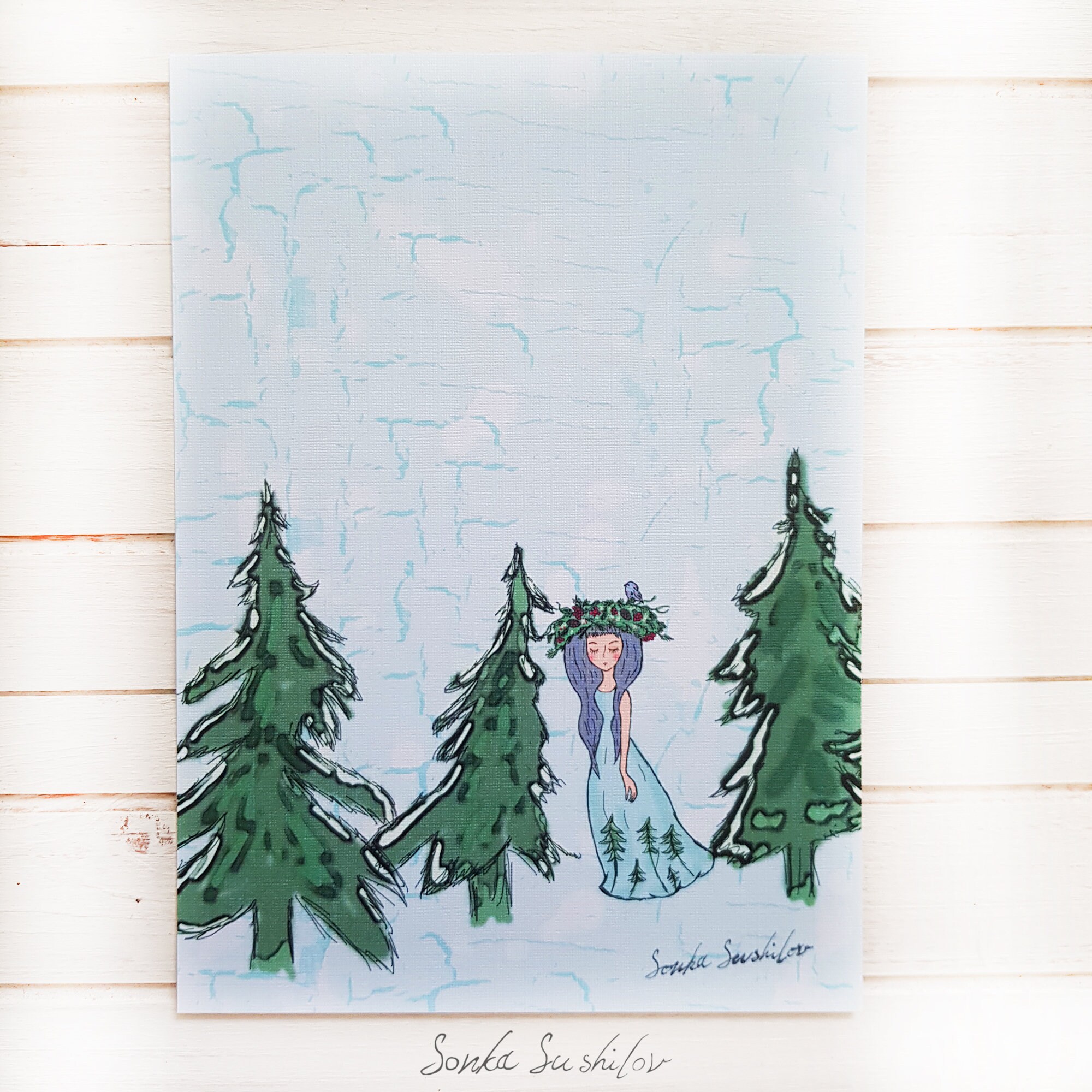 Girl in a Snow Winter Forest Art Print (3 Different Sizes) - Winter ...