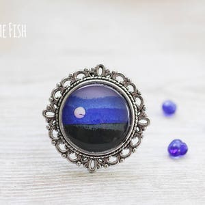 Full Moon Blue Ring in Silver Tone Vintage Style - Adjustable Ring - Etsy