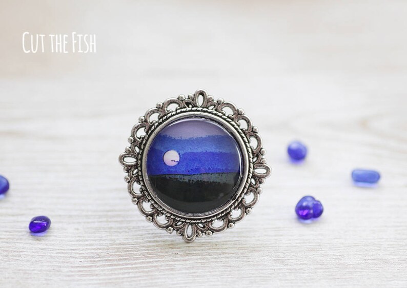 Full Moon Blue Ring in Silver Tone Vintage Style Adjustable Ring - Etsy