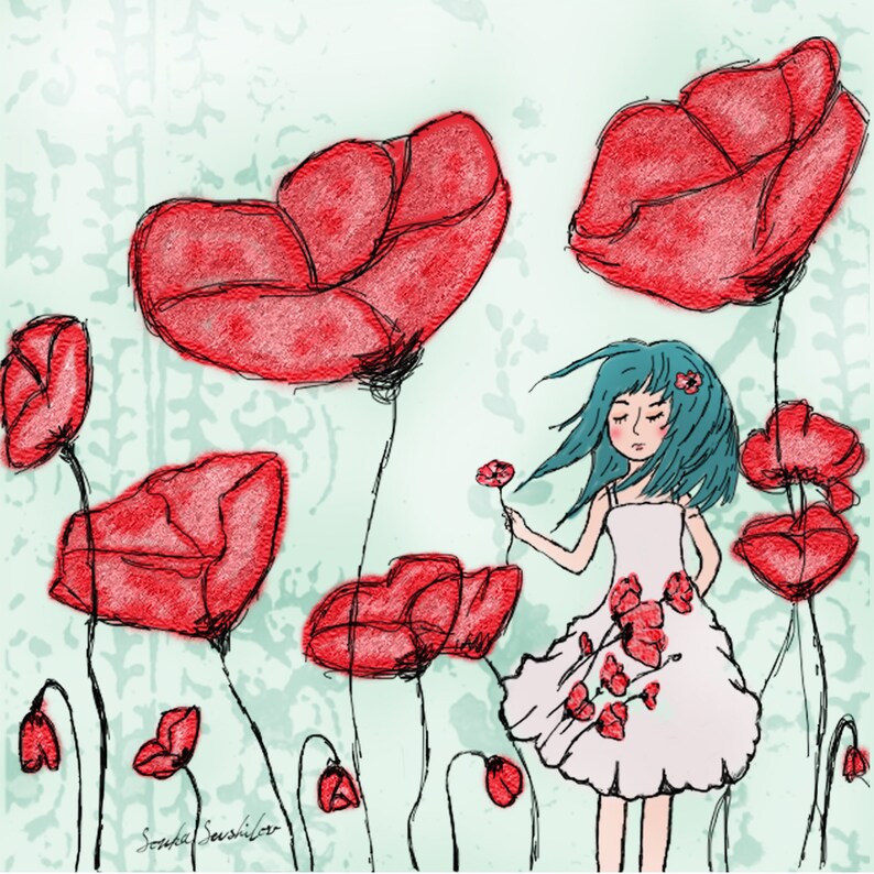 Girl With Poppies Art Print (3 Different Sizes) - Red Poppy Flower - Etsy