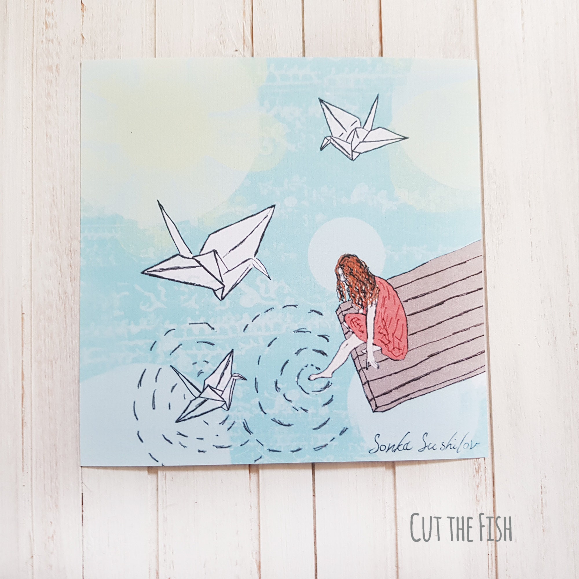 Girl With Paper Cranes Print (2 Different Sizes) - Origami Paper Cranes ...