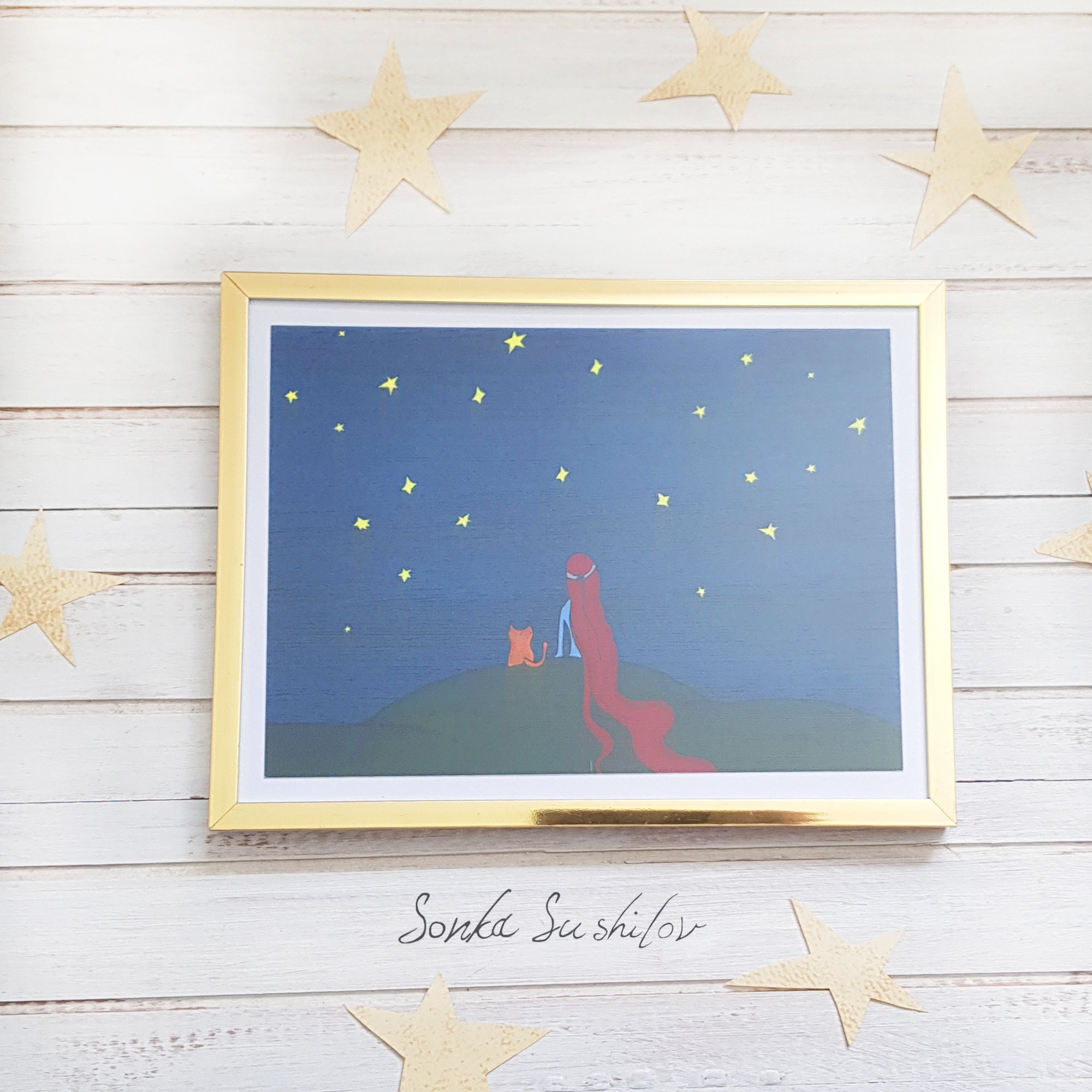 Girl, Cat and Starfall Art Print (3 Different Sizes) - Cat Greeting Card - Etsy