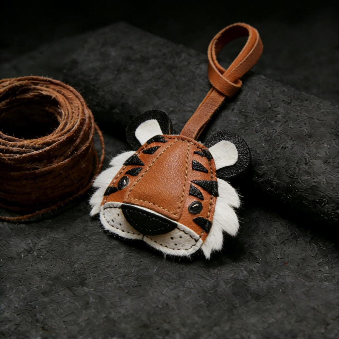Vintage Vegetable Tanned Leather Tiger Charm, Handmade Unique Leather ...
