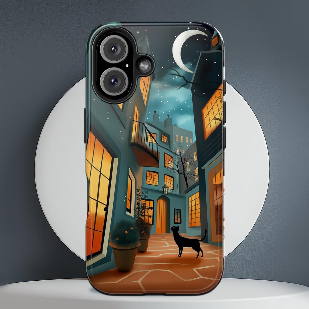 Black Cat Crescent Moon Phone Case: European Alleyway Design - Etsy