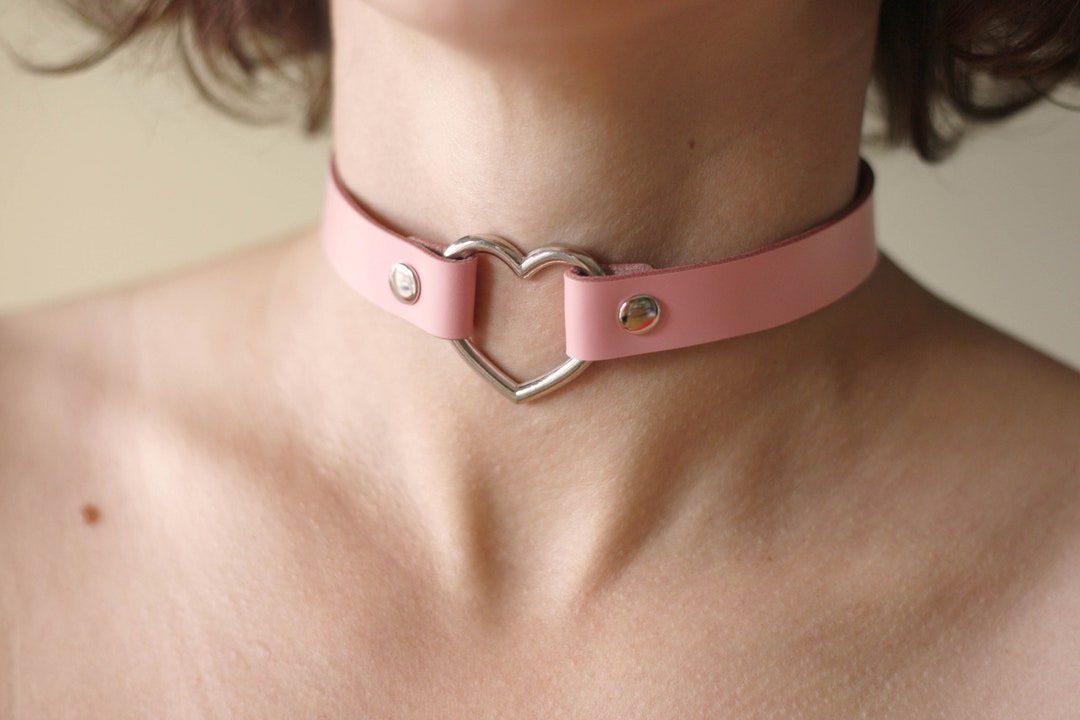 Pink Leather Choker Heart Ring Choker Handmade Unique Choker Custom
