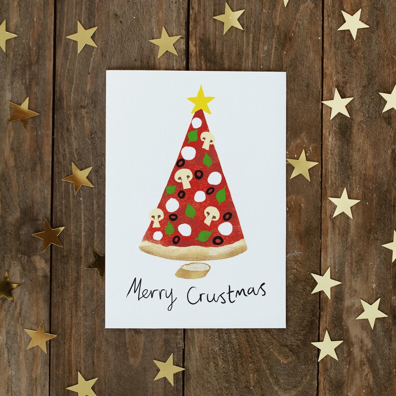 Pizza Christmas Tree Card - "merry Crustmas"! Funny Christmas Card With ...