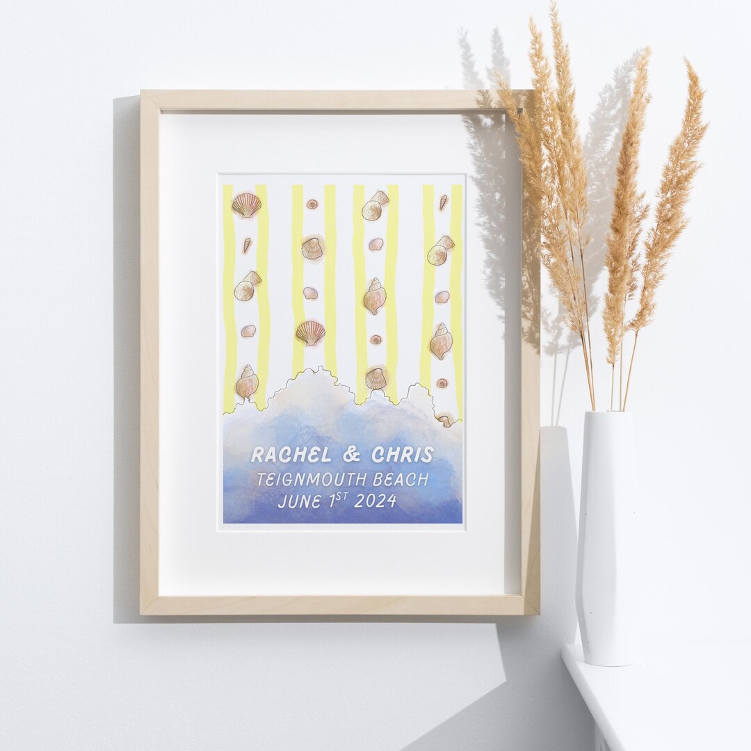 Personalised Beach Wedding Gift Wall Art Print - Shells, Stripes ...