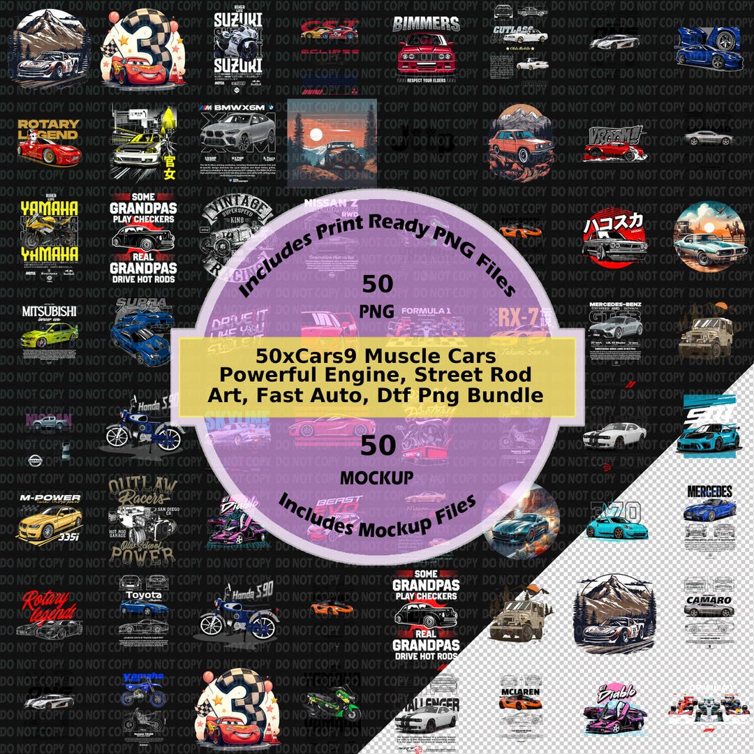 50x Cars 9 Muscle Cars Powerful Engine, Street Rod Art, Fast Auto, Dtf ...