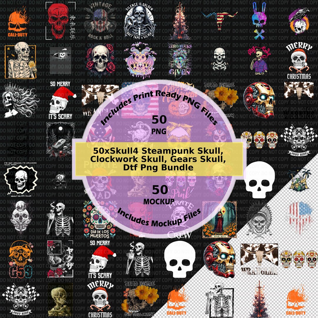 50x Skull 4 Steampunk Skull, Clockwork Skull, Gears Skull, Dtf Png ...