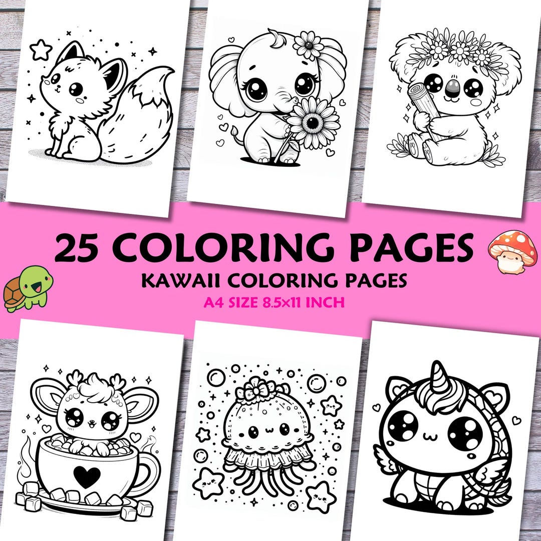 25 Cute Kawaii Animals Coloring Pages for Kids and Adults, Instant ...
