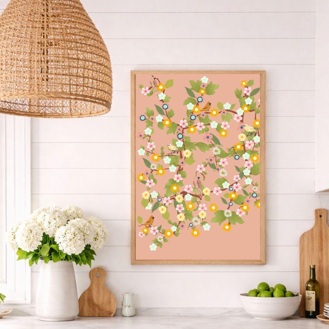 Spring Wall Art Printable | Floral Birds | Flowers| Tree | Happy Pink ...