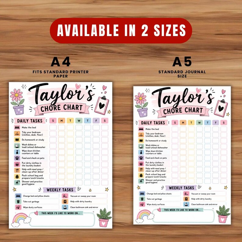 Summer Chore Chart for Teens Tweens Pre-teens, Daily and Weekly ...