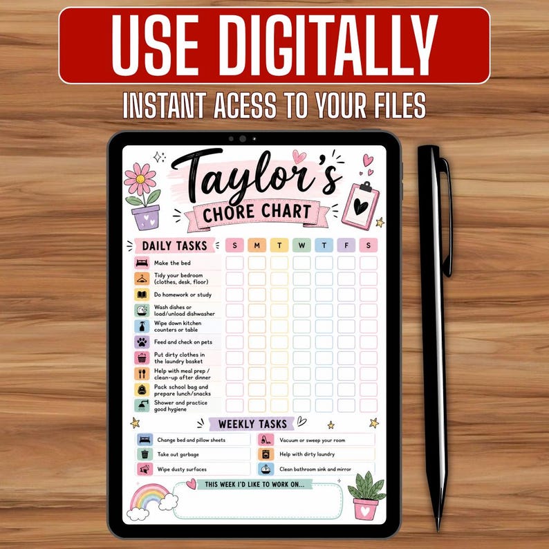 Summer Chore Chart for Teens Tweens Pre-teens, Daily and Weekly ...