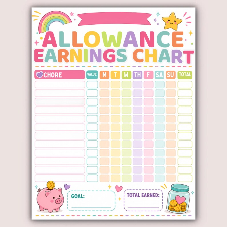 Earn Money Chart, Allowance Chart, Kids Allowance Tracker, Chore Chart ...
