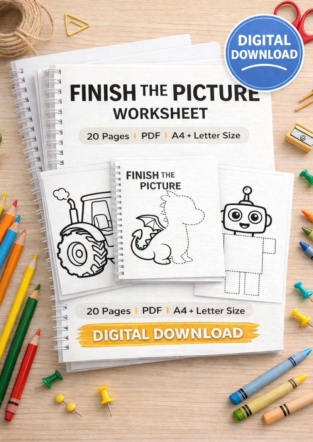 Finish the Picture Worksheet for Kids | 20 Pages Drawing Activity ...