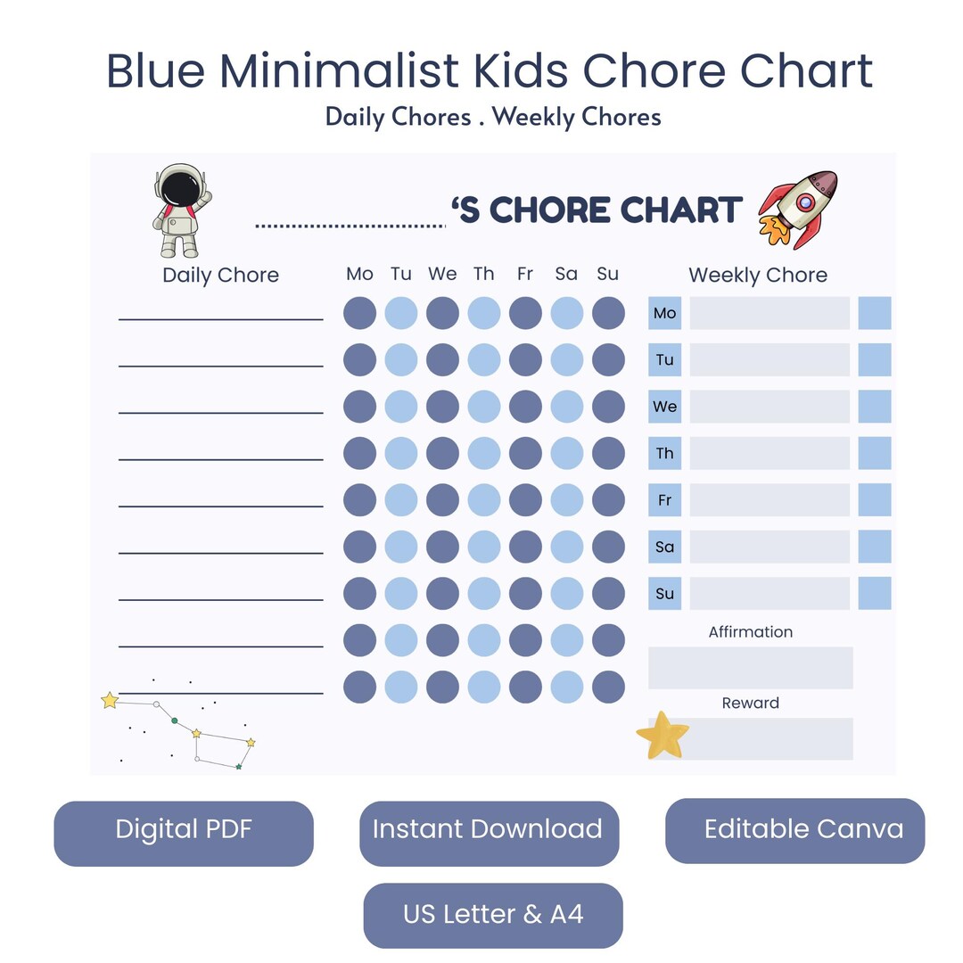 Blue Minimalist Kids Chore Chart | Printable Daily & Weekly Chores ...