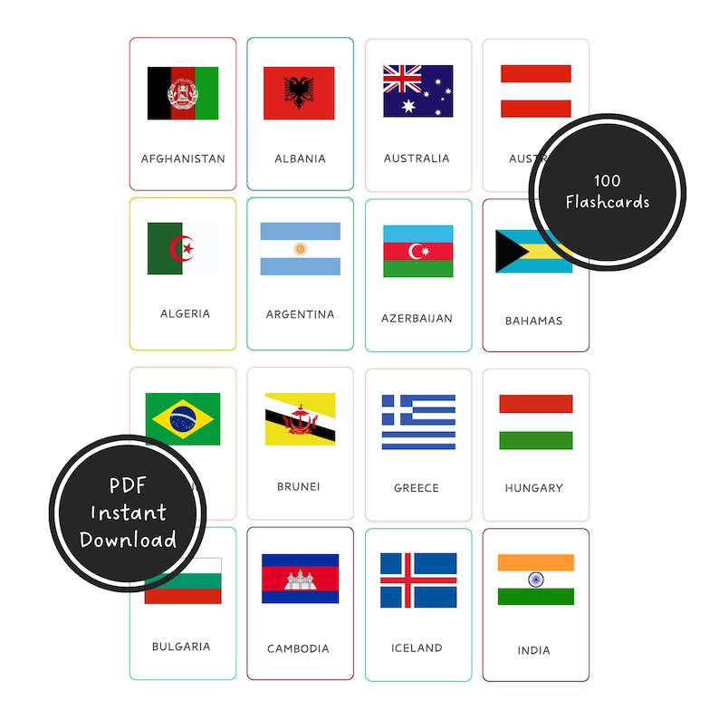 100 World Flags Flashcards for Kids | Geography Learning Cards (digital ...
