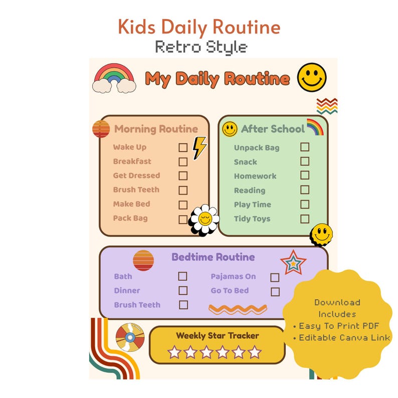 Kids Daily Routine Chart Retro Style | Printable Chore Chart for Kids ...