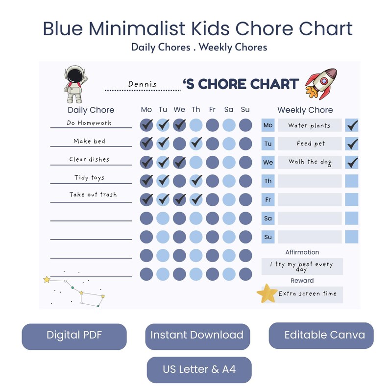 Blue Minimalist Kids Chore Chart | Printable Daily & Weekly Chores ...
