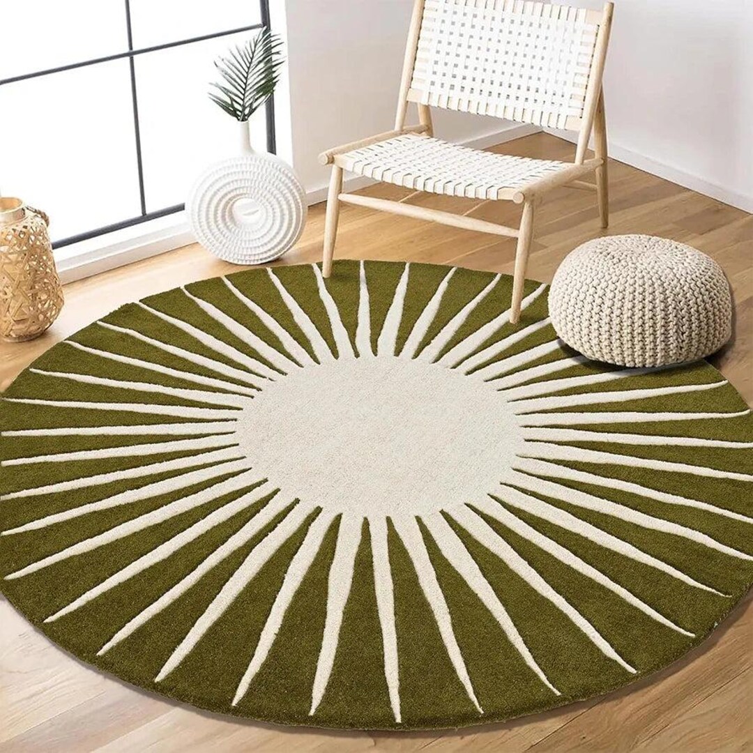 Round Olive Green Sunburst Rug, White Radial Pattern Hand-tufted Wool ...