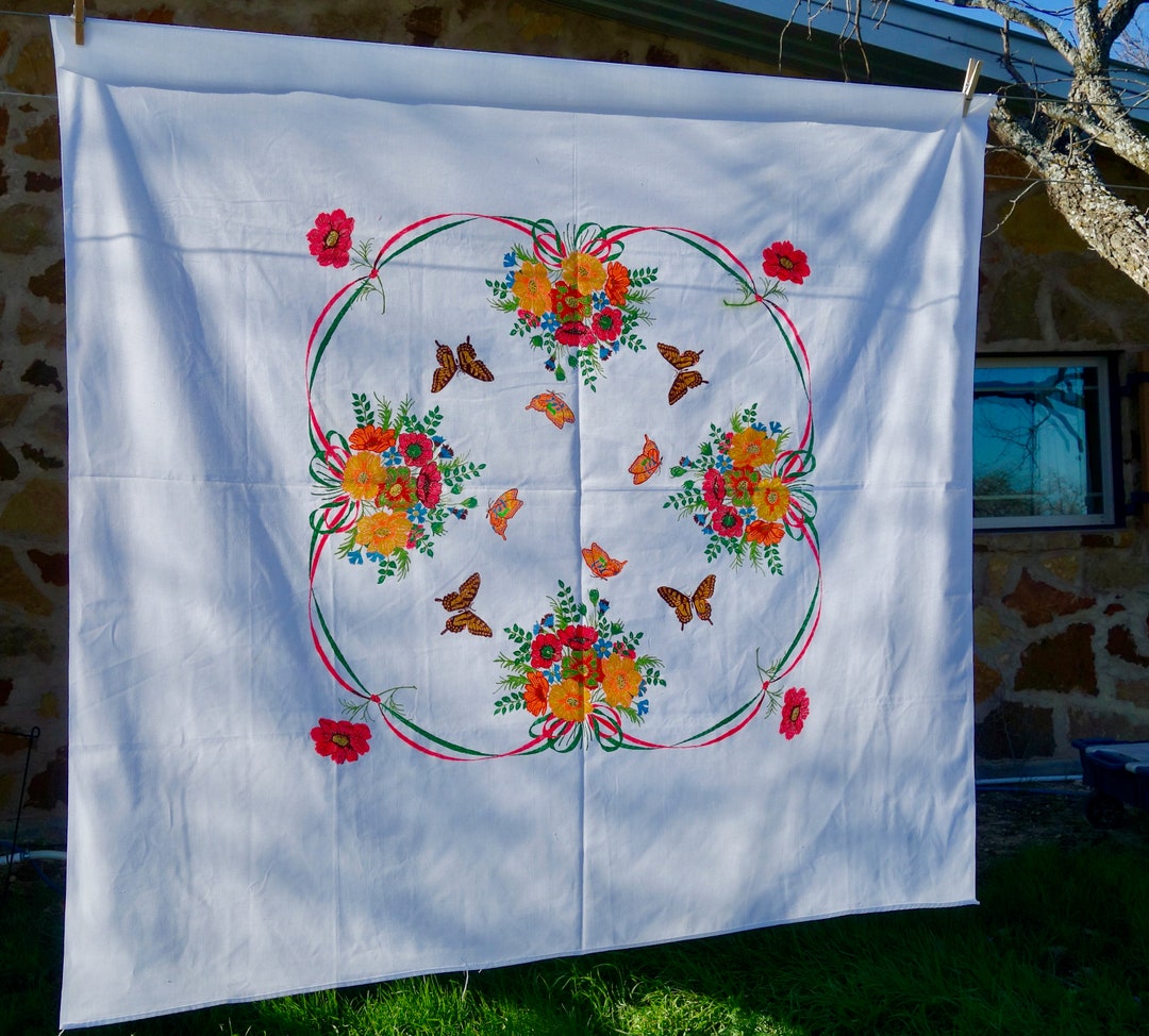 Bright Hand Painted Vintage Tablecloth Flowers and Butterflies Neon ...