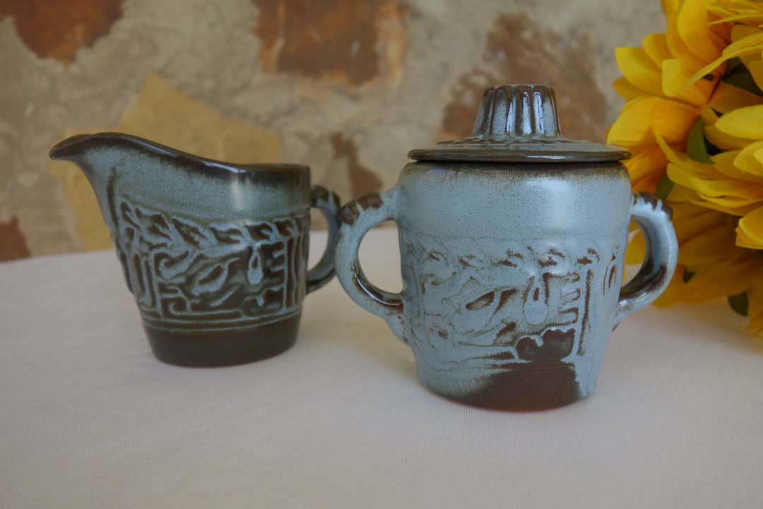 Frankoma Woodland Moss Blue Pottery Mayan Aztec Creamer and - Etsy