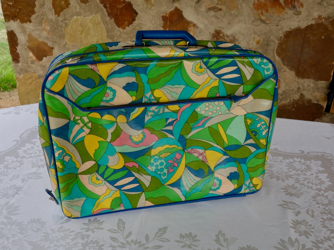 Vintage Mod Vinyl Suitcase Japan 1960s 1970s Bright Green Blue Yellow ...