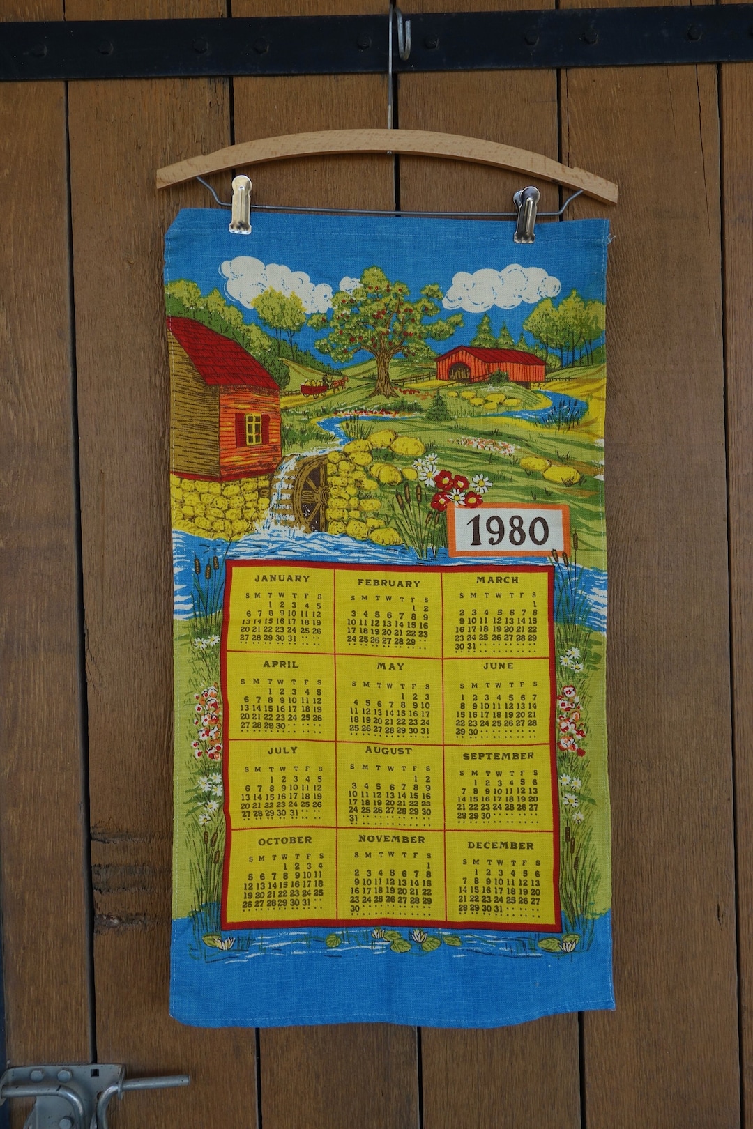 Vintage 1980 Calendar Linen Kitchen Towel Country Scene Unused Bright ...